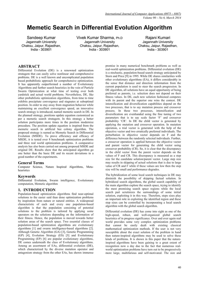 Memetic search in differential evolution algorithm | PDF
