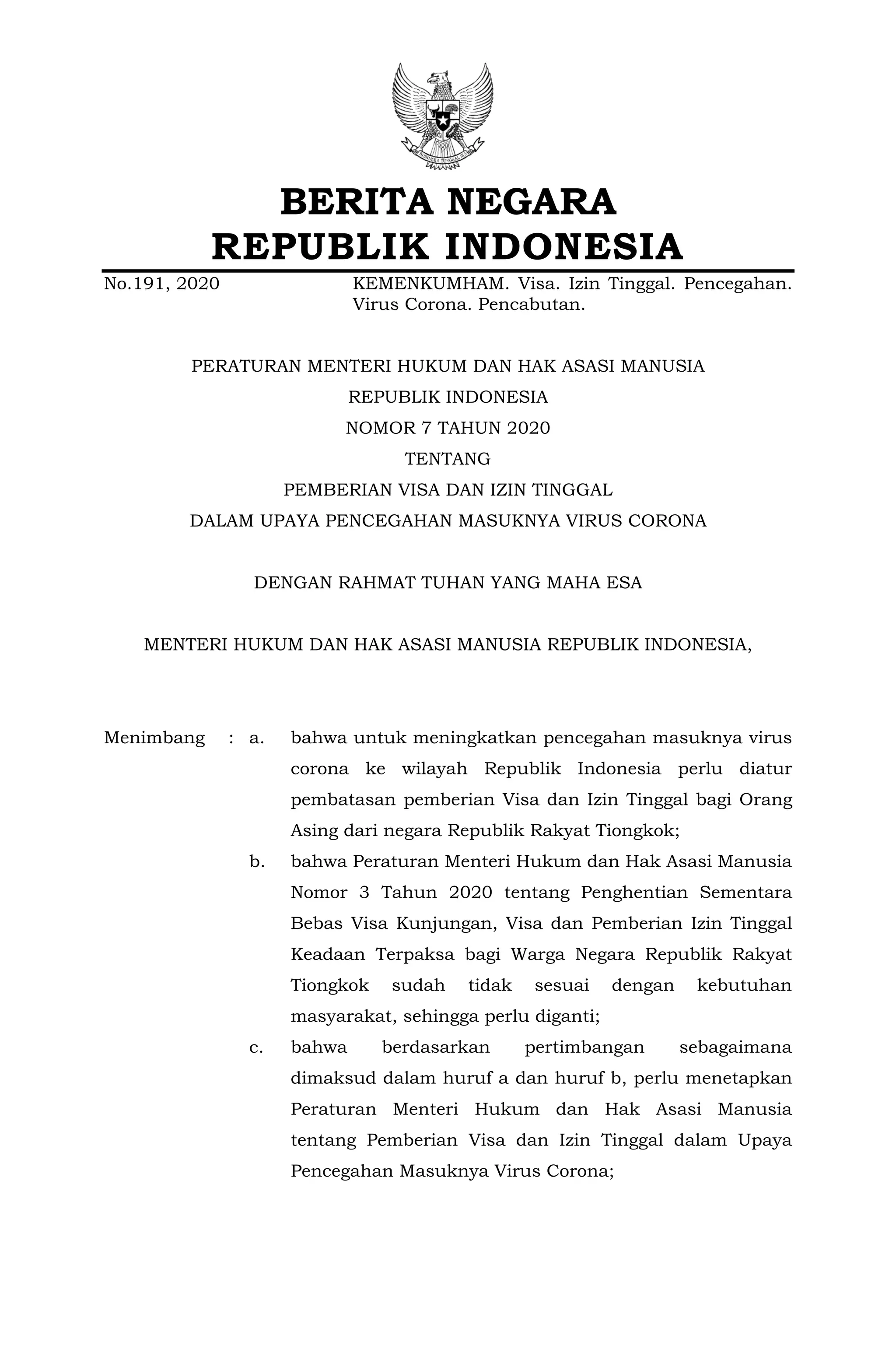 Permenkumham Nomor 7 tahun 2020 tentang Pemberian Visa dan Izin Tinggal dalam Upaya Pencegahan ...