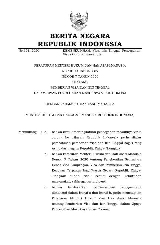 Permenkumham Nomor 7 tahun 2020 tentang Pemberian Visa dan Izin Tinggal dalam Upaya Pencegahan ...