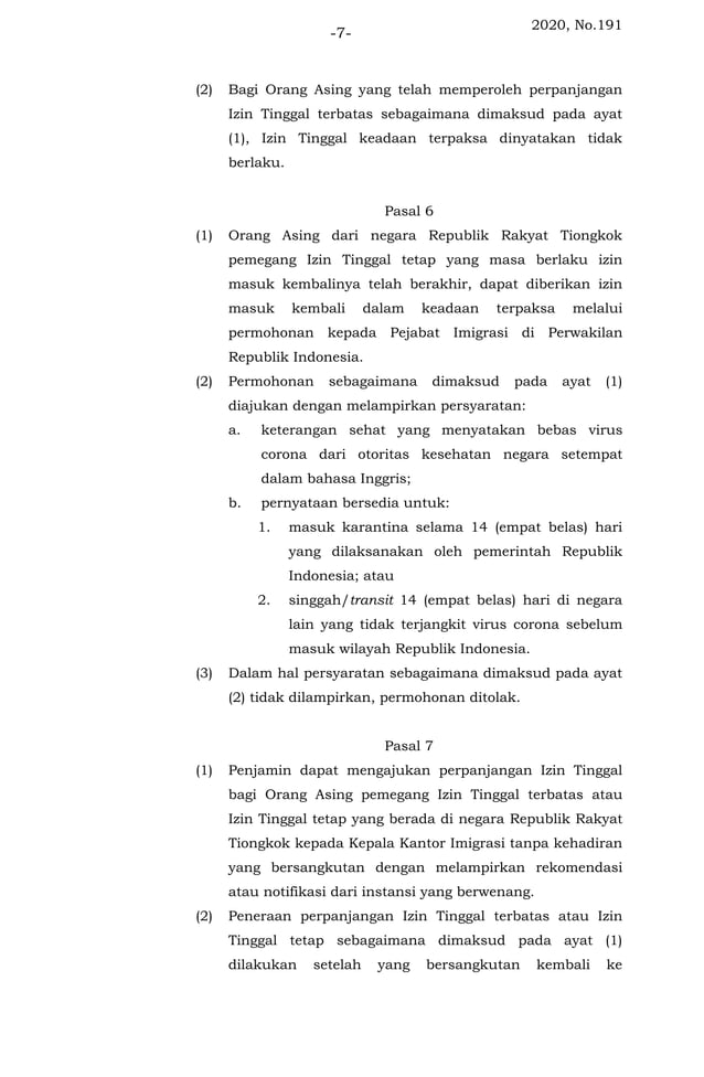 Permenkumham Nomor 7 tahun 2020 tentang Pemberian Visa dan Izin Tinggal dalam Upaya Pencegahan ...