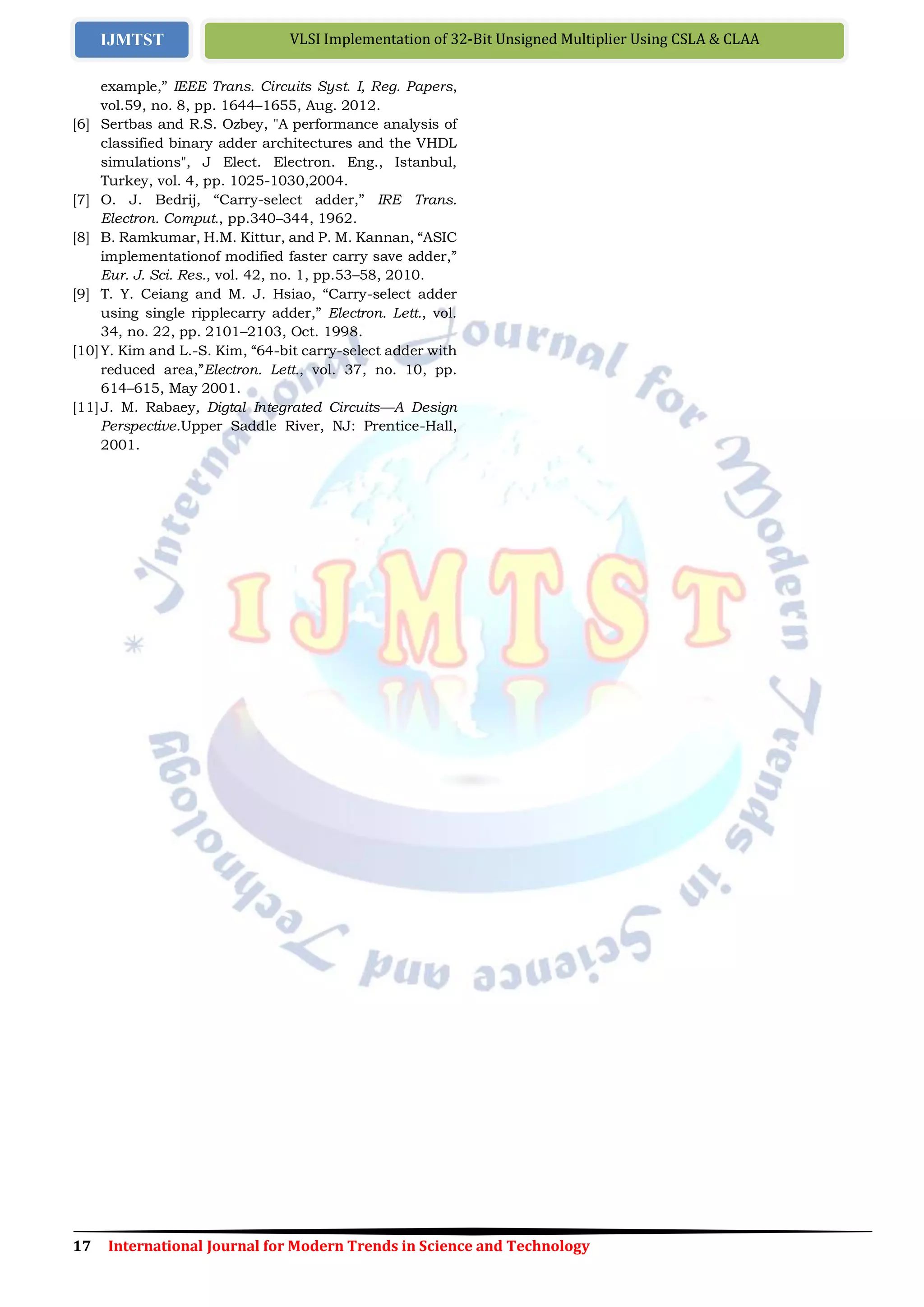 VLSI Implementation of 32-Bit Unsigned Multiplier Using CSLA & CLAA | PDF