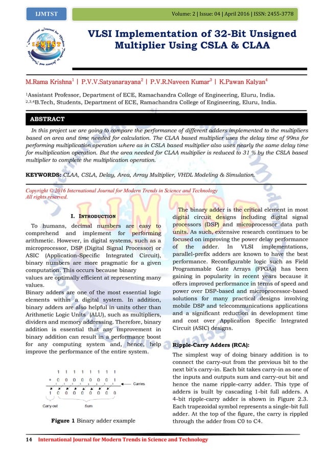 VLSI Implementation of 32-Bit Unsigned Multiplier Using CSLA & CLAA | PDF