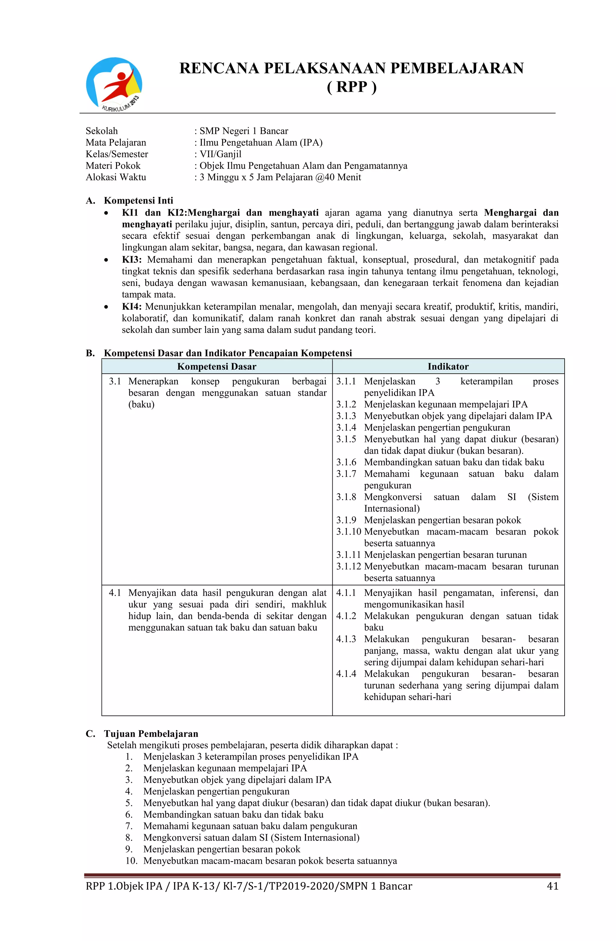 RPP IPA KELAS 7 Bab.1. Objek Ilmu Pengetahuan Alam dan Pengamatannya | PDF