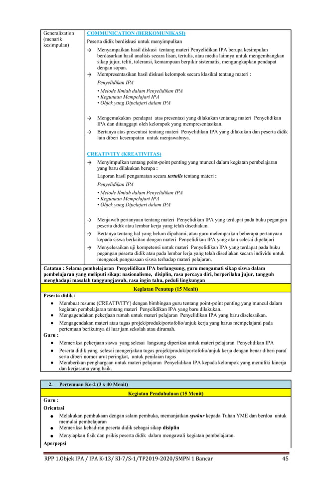 RPP IPA KELAS 7 Bab.1. Objek Ilmu Pengetahuan Alam dan Pengamatannya | PDF
