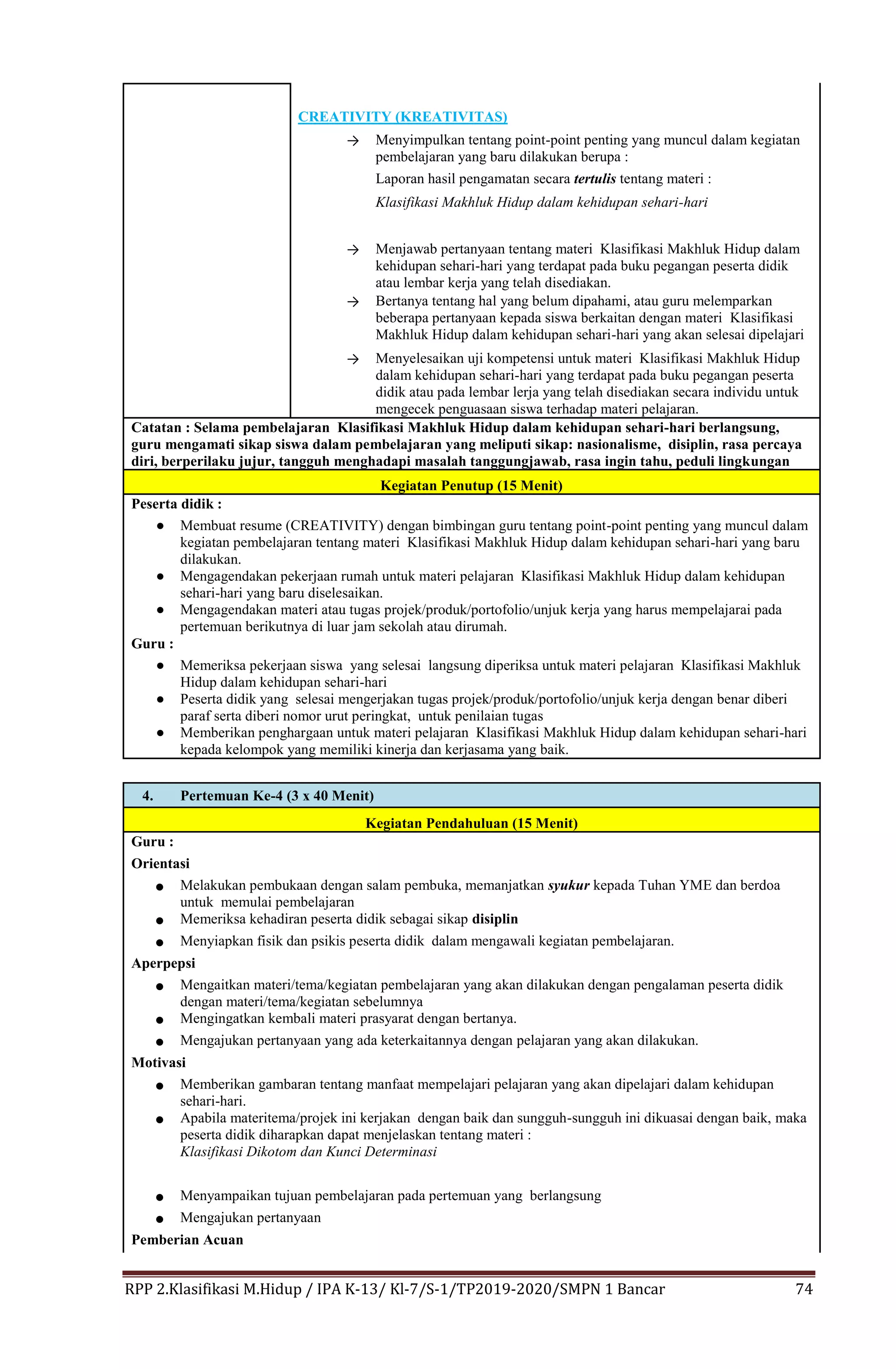RPP IPA KELAS 7 Bab 2.klasifikasi makhluk hidup | PDF