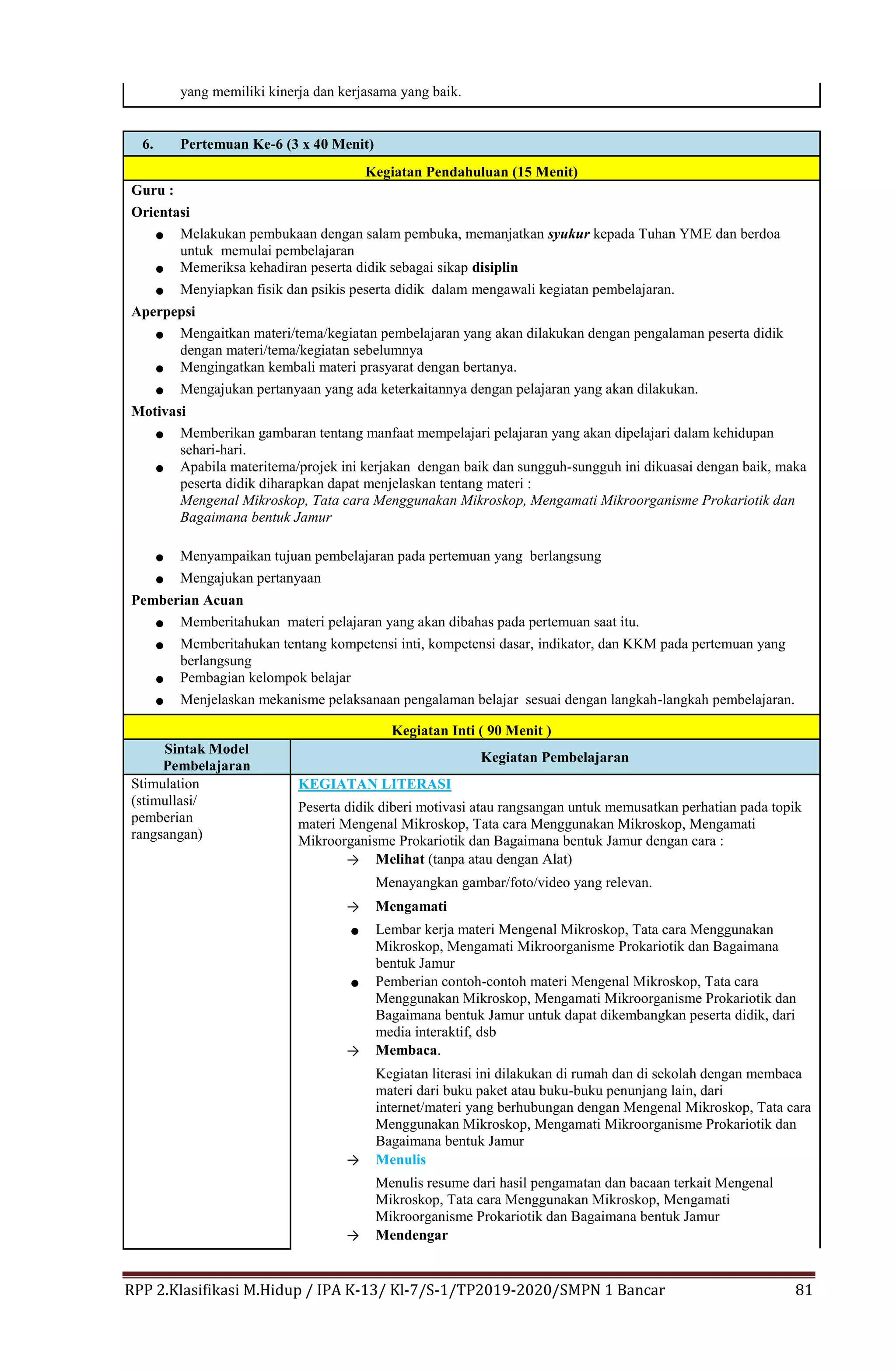 RPP IPA KELAS 7 Bab 2.klasifikasi makhluk hidup | PDF