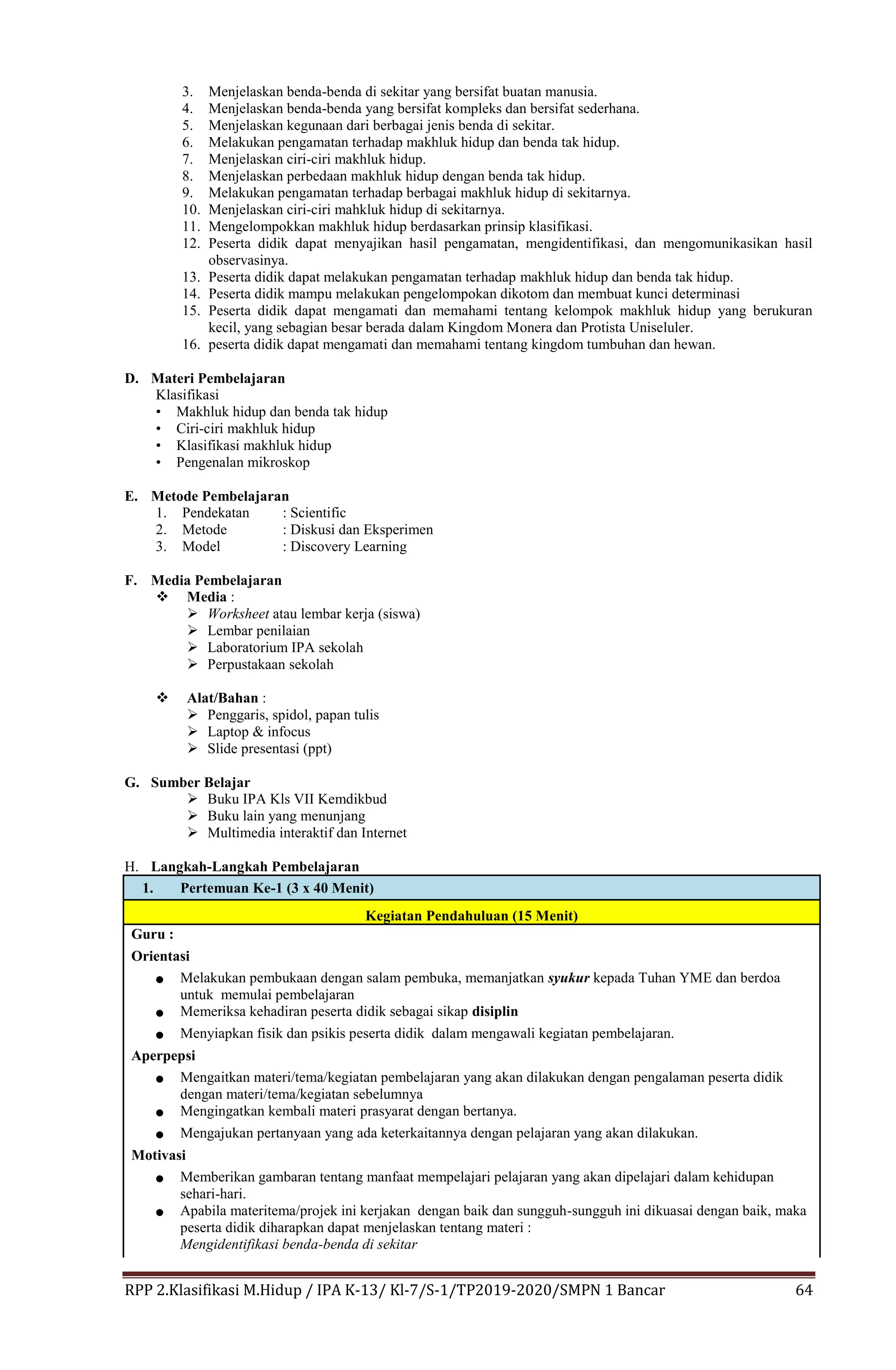 RPP IPA KELAS 7 Bab 2.klasifikasi makhluk hidup | PDF