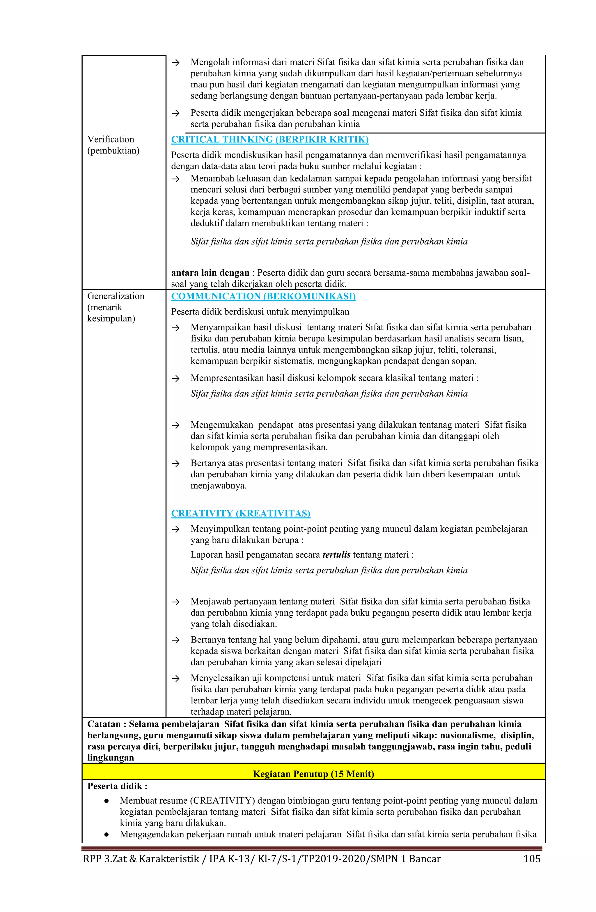 RPP IPA KELAS 7 SMP Bab 3. zat dan karakteristiknya | PDF
