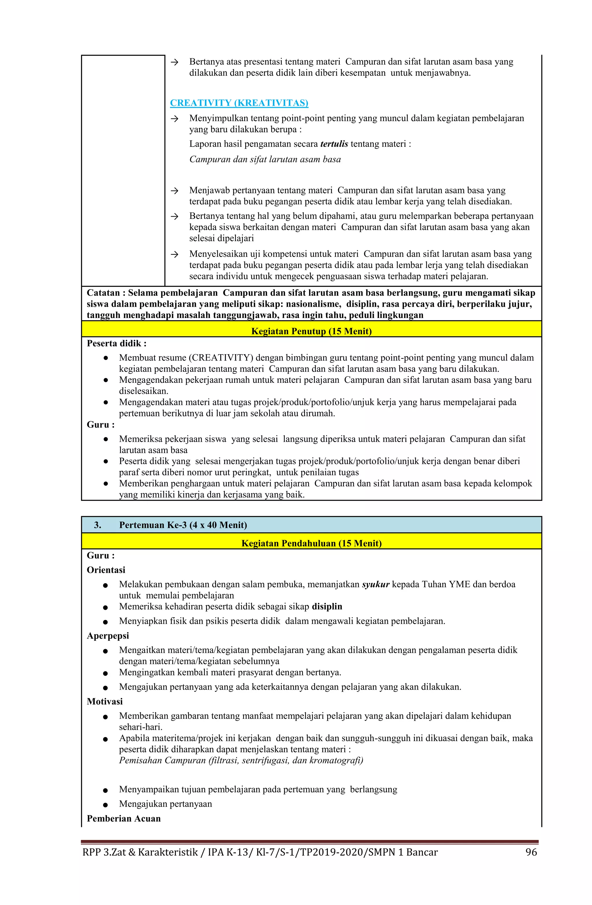 RPP IPA KELAS 7 SMP Bab 3. zat dan karakteristiknya | PDF