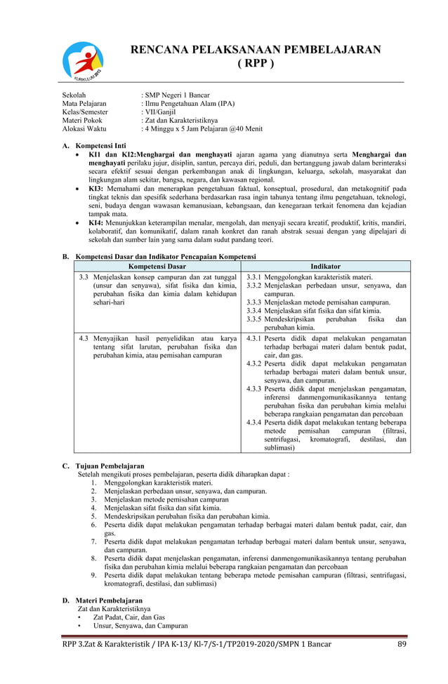 RPP IPA KELAS 7 SMP Bab 3. zat dan karakteristiknya | PDF