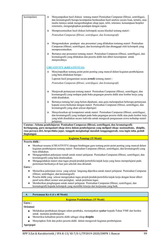 RPP IPA KELAS 7 SMP Bab 3. zat dan karakteristiknya | PDF