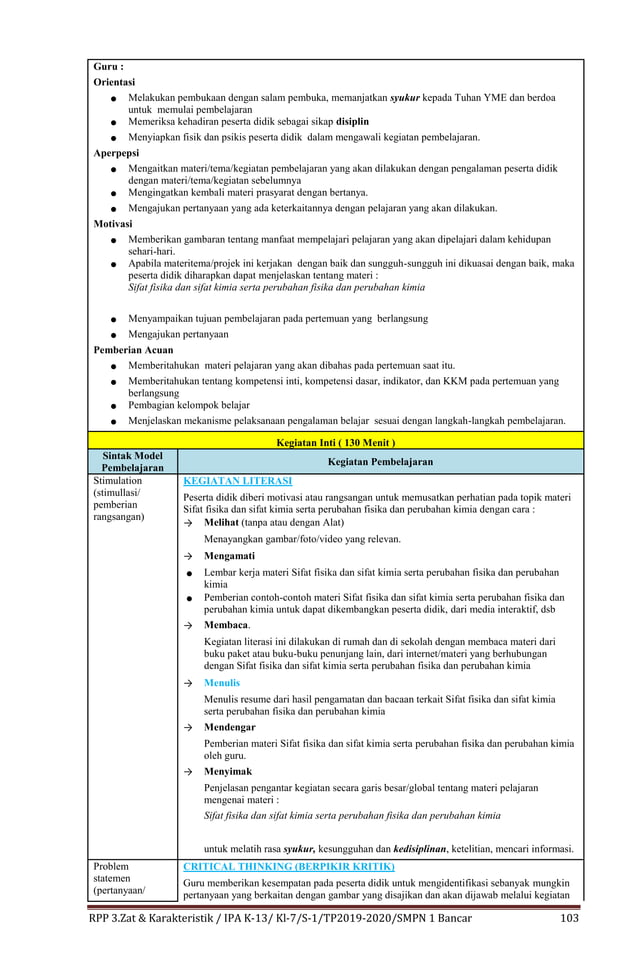 RPP IPA KELAS 7 SMP Bab 3. zat dan karakteristiknya | PDF