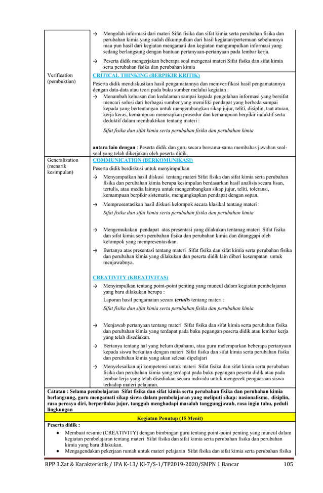RPP IPA KELAS 7 SMP Bab 3. zat dan karakteristiknya | PDF