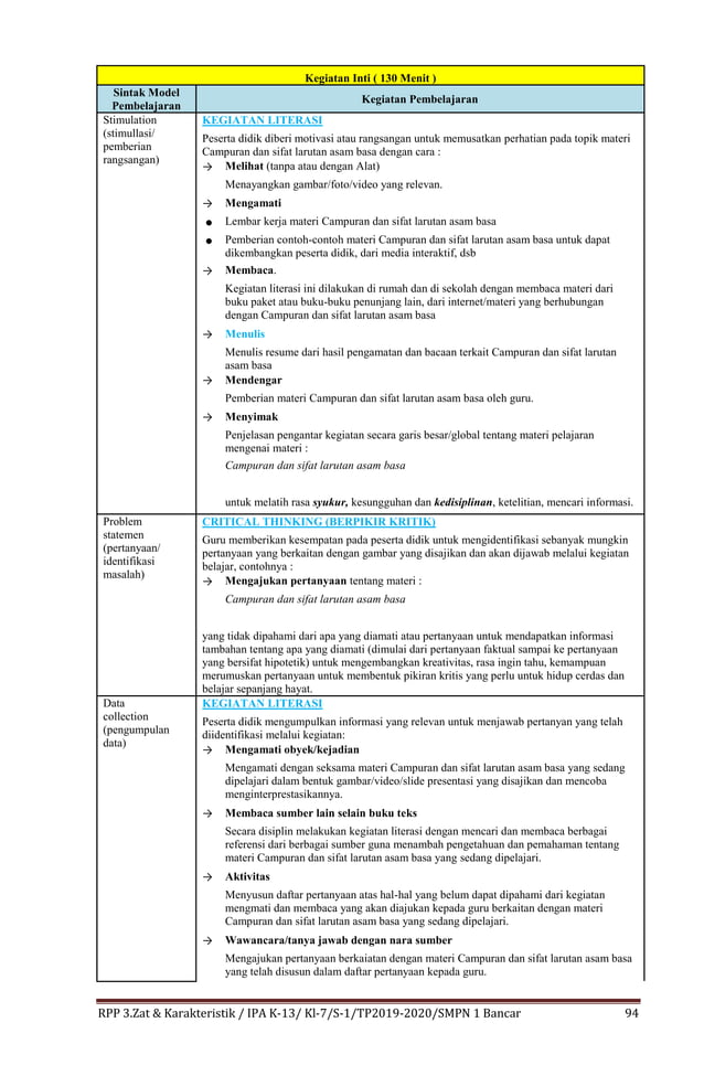 RPP IPA KELAS 7 SMP Bab 3. zat dan karakteristiknya | PDF