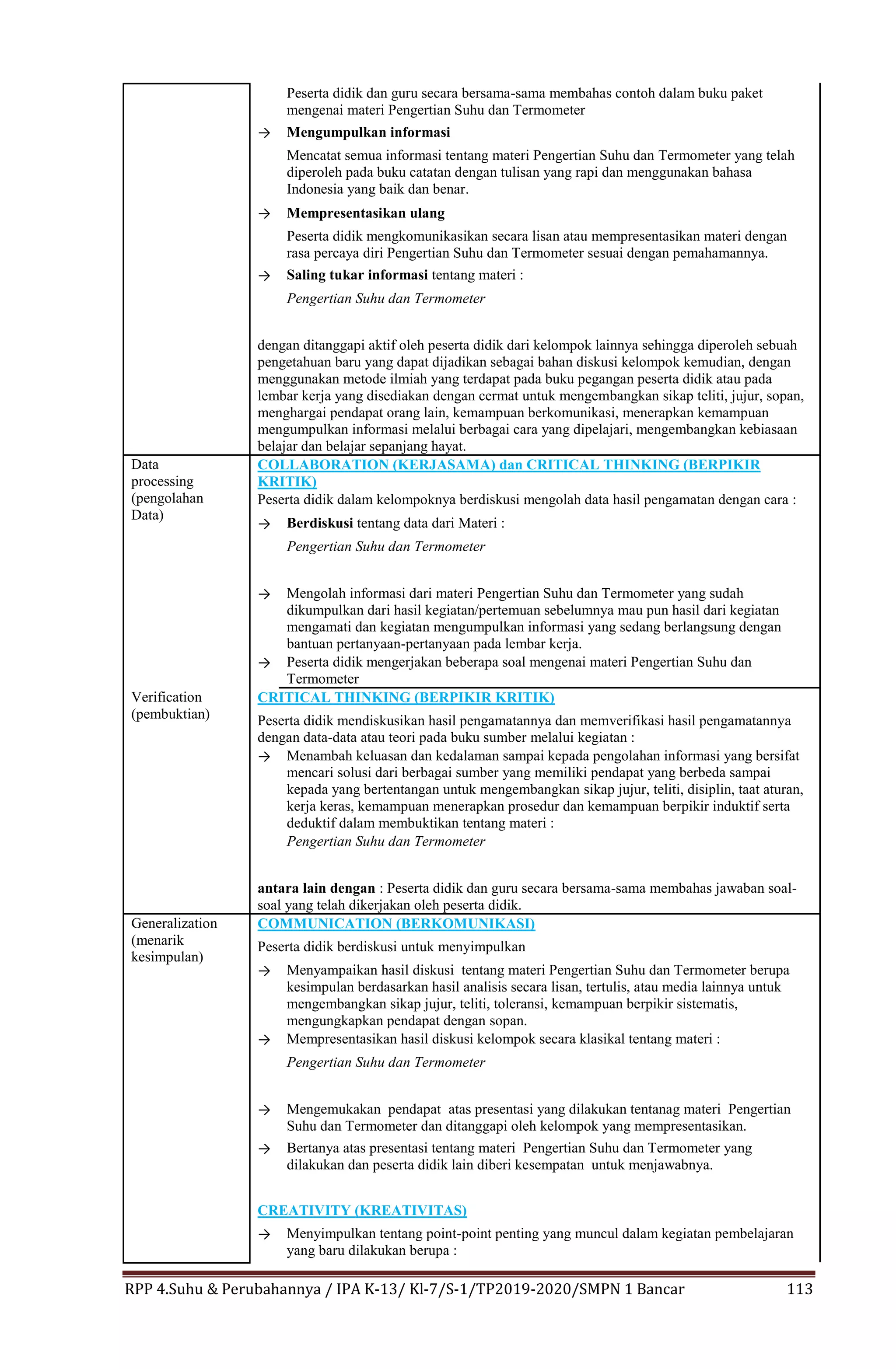 RPP IPA KELAS 7 SMP Bab 4. suhu dan perubahannya | PDF