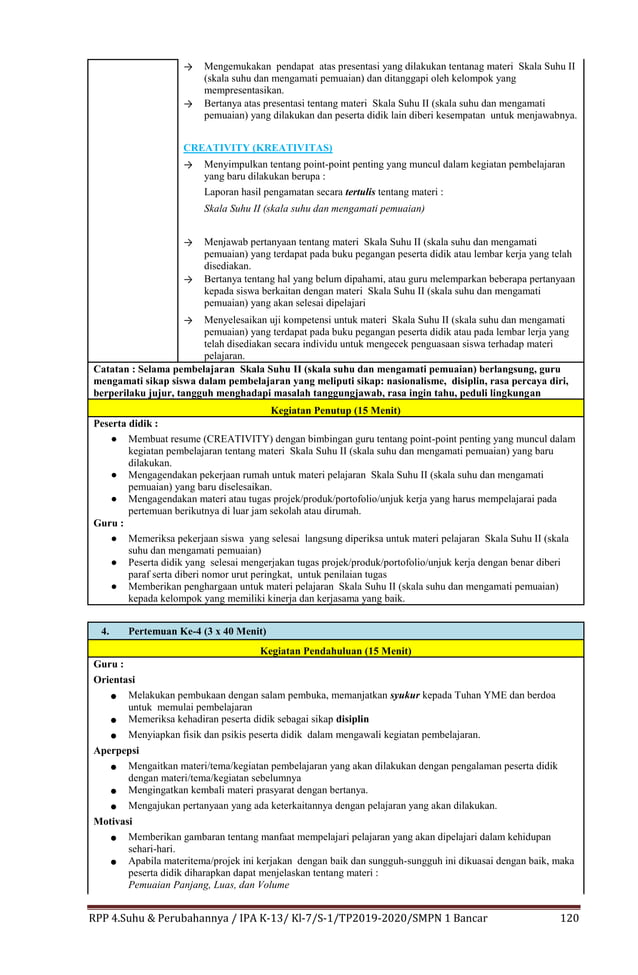 RPP IPA KELAS 7 SMP Bab 4. suhu dan perubahannya | PDF