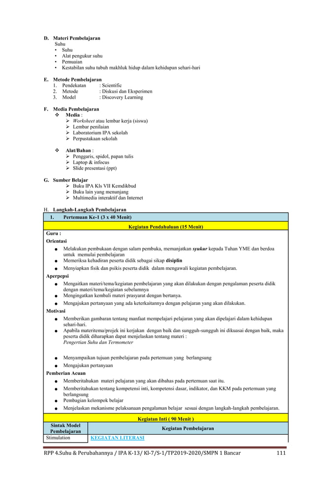 RPP IPA KELAS 7 SMP Bab 4. suhu dan perubahannya | PDF