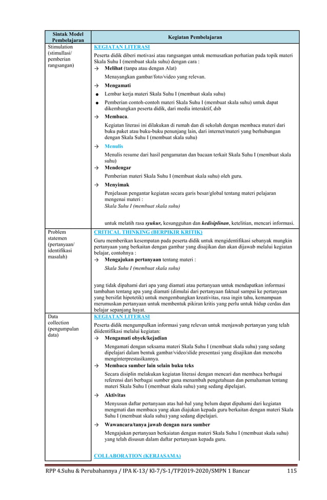 RPP IPA KELAS 7 SMP Bab 4. suhu dan perubahannya | PDF