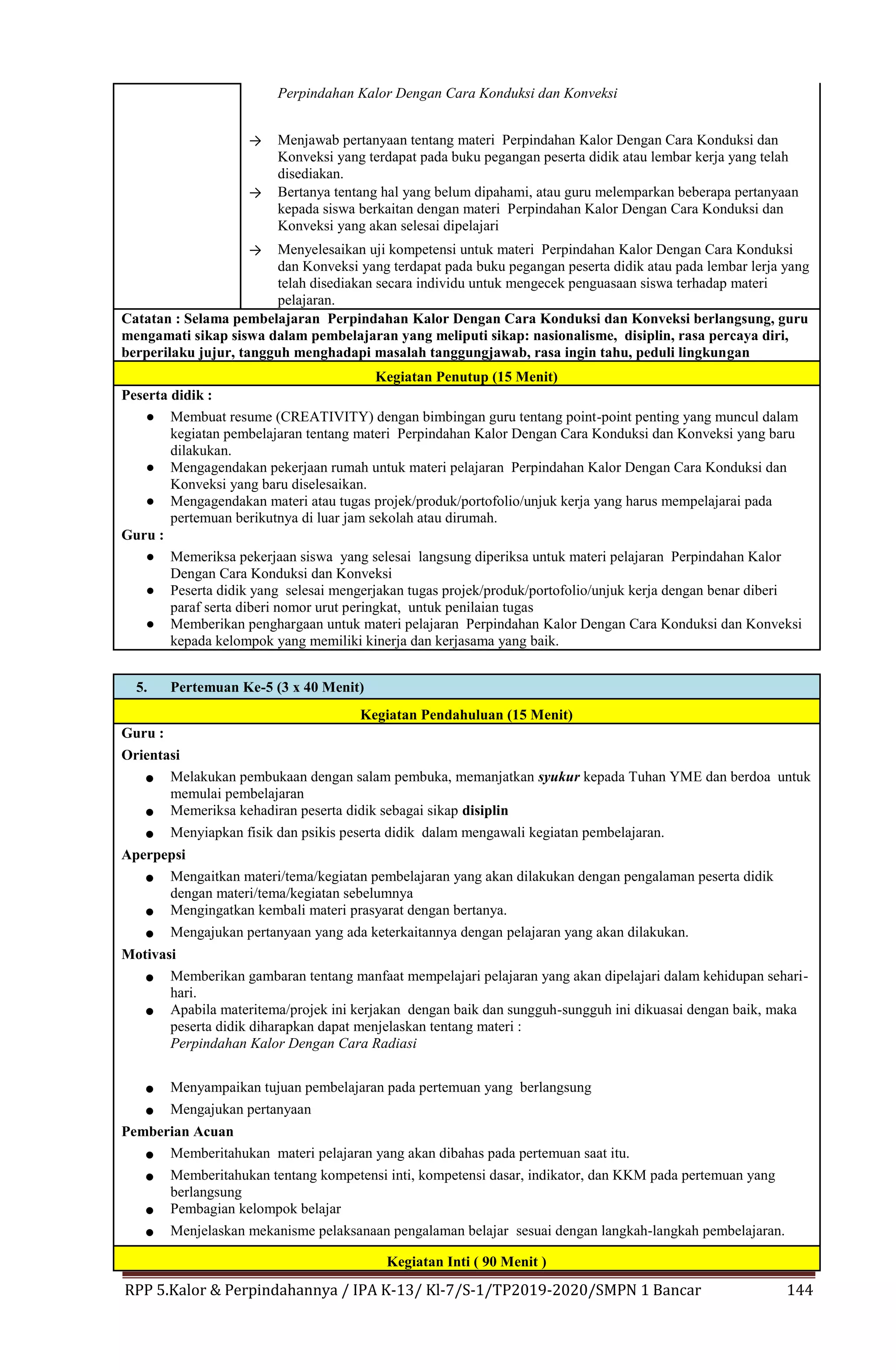RPP IPA KELAS 7 SMP Bab 5.kalor dan perpindahannya | PDF
