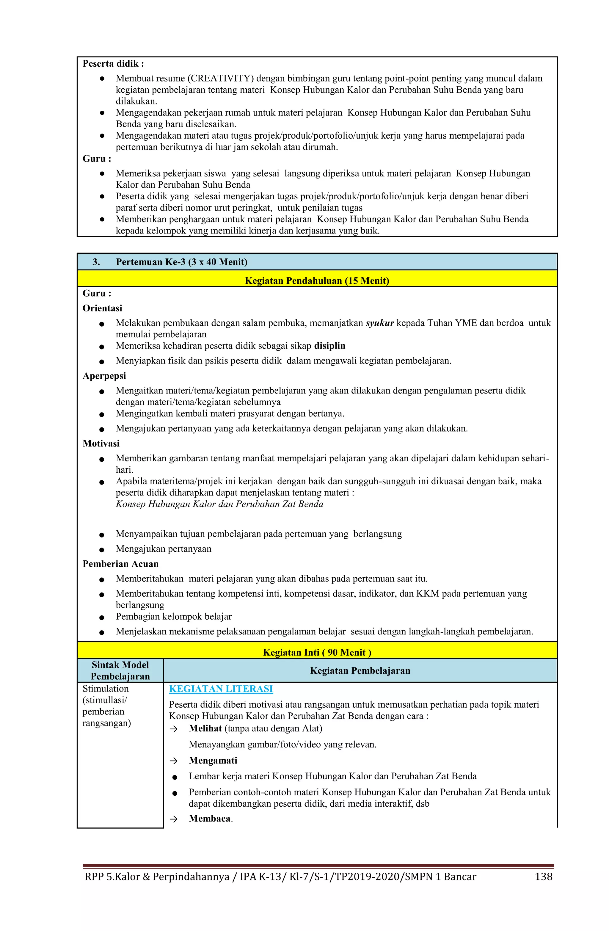 RPP IPA KELAS 7 SMP Bab 5.kalor dan perpindahannya | PDF