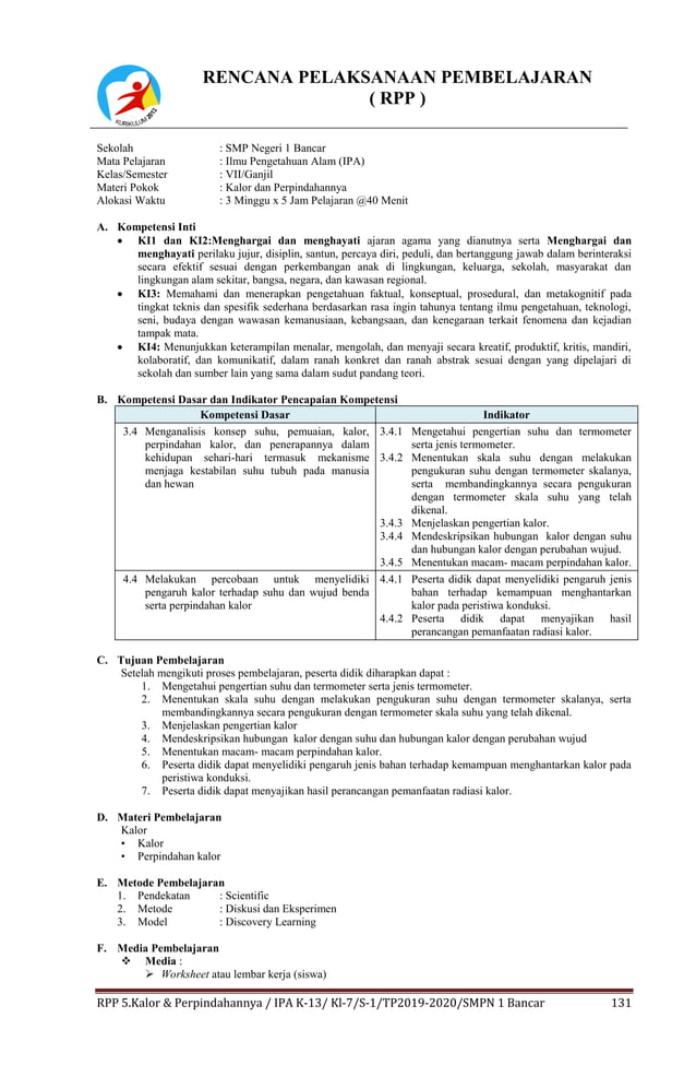 RPP IPA KELAS 7 SMP Bab 5.kalor dan perpindahannya | PDF