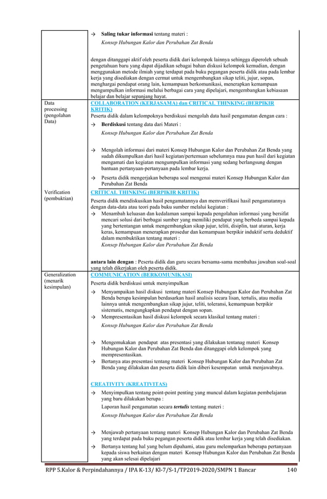 RPP IPA KELAS 7 SMP Bab 5.kalor dan perpindahannya | PDF