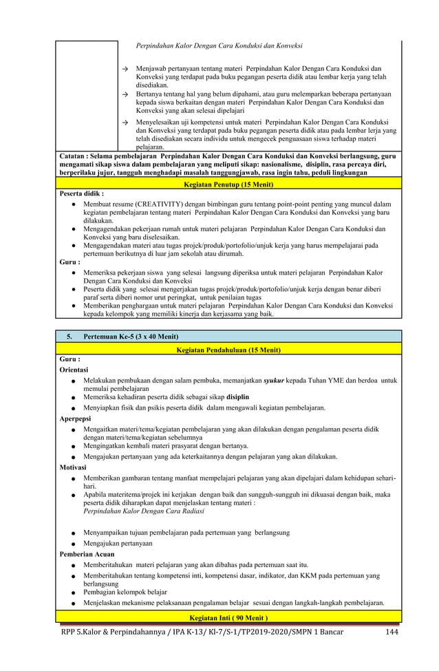 RPP IPA KELAS 7 SMP Bab 5.kalor dan perpindahannya | PDF