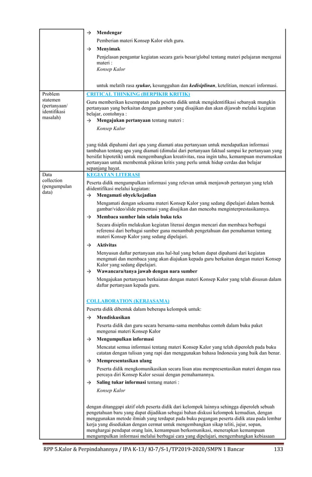 RPP IPA KELAS 7 SMP Bab 5.kalor dan perpindahannya | PDF