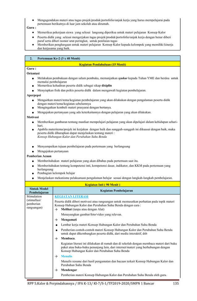 RPP IPA KELAS 7 SMP Bab 5.kalor dan perpindahannya | PDF