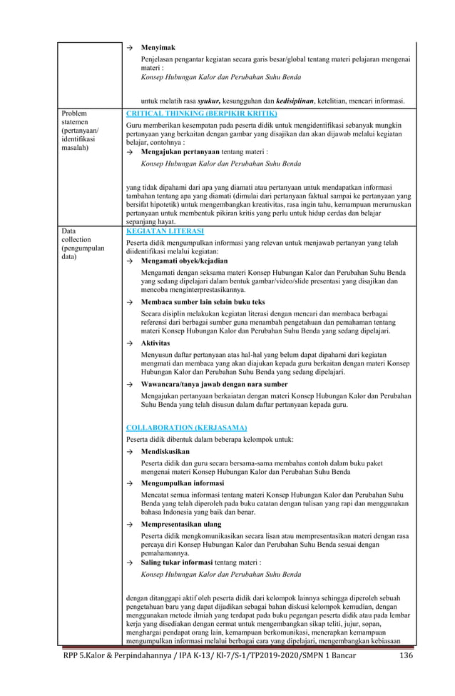 RPP IPA KELAS 7 SMP Bab 5.kalor dan perpindahannya | PDF