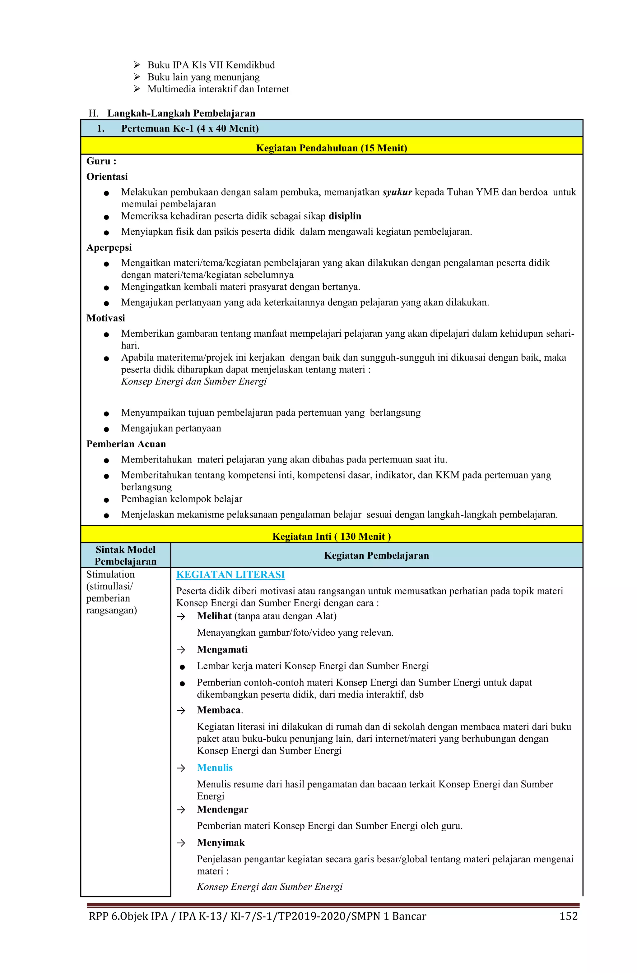 RPP IPA KELAS 7 Bab 6. energi dalam sistem kehidupan | PDF