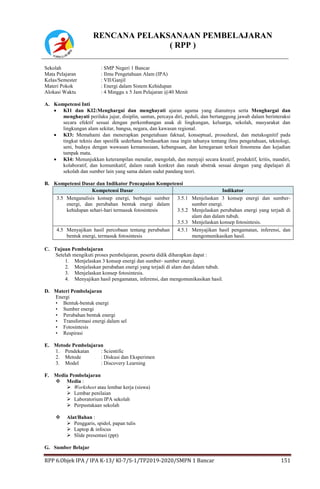 RPP IPA KELAS 7 Bab 6. energi dalam sistem kehidupan | PDF