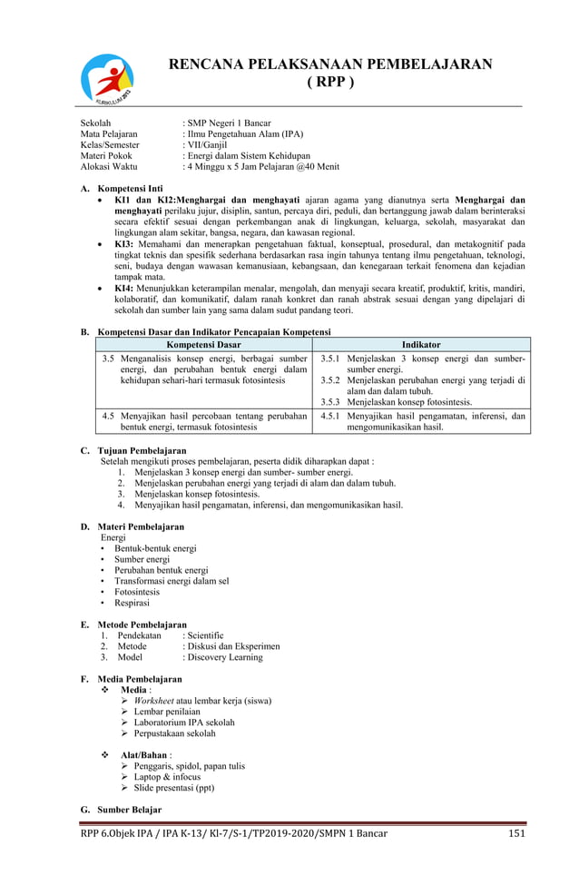RPP IPA KELAS 7 Bab 6. energi dalam sistem kehidupan | PDF