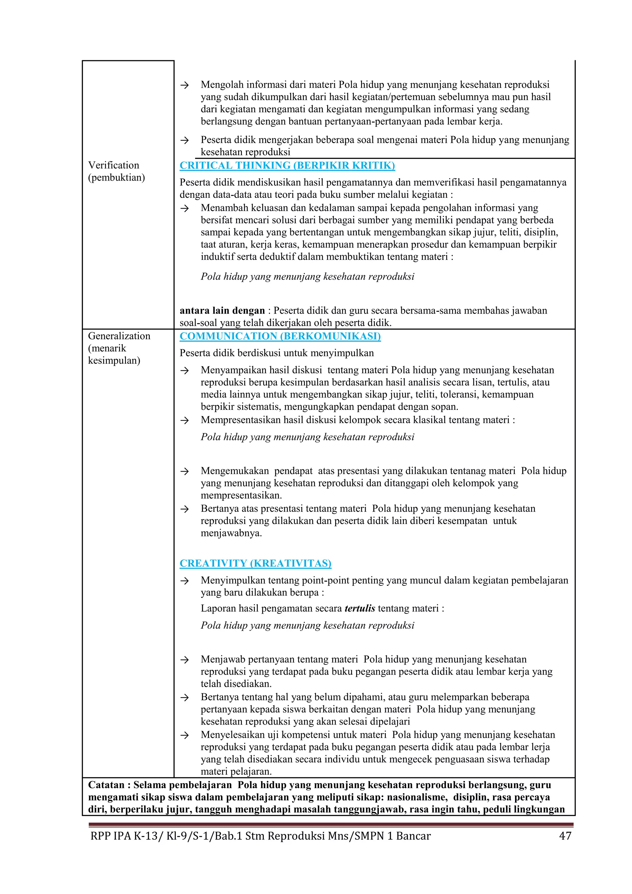 RPP IPA KELAS9 Bab 1.Sistem Reproduksi pada Manusia | PDF