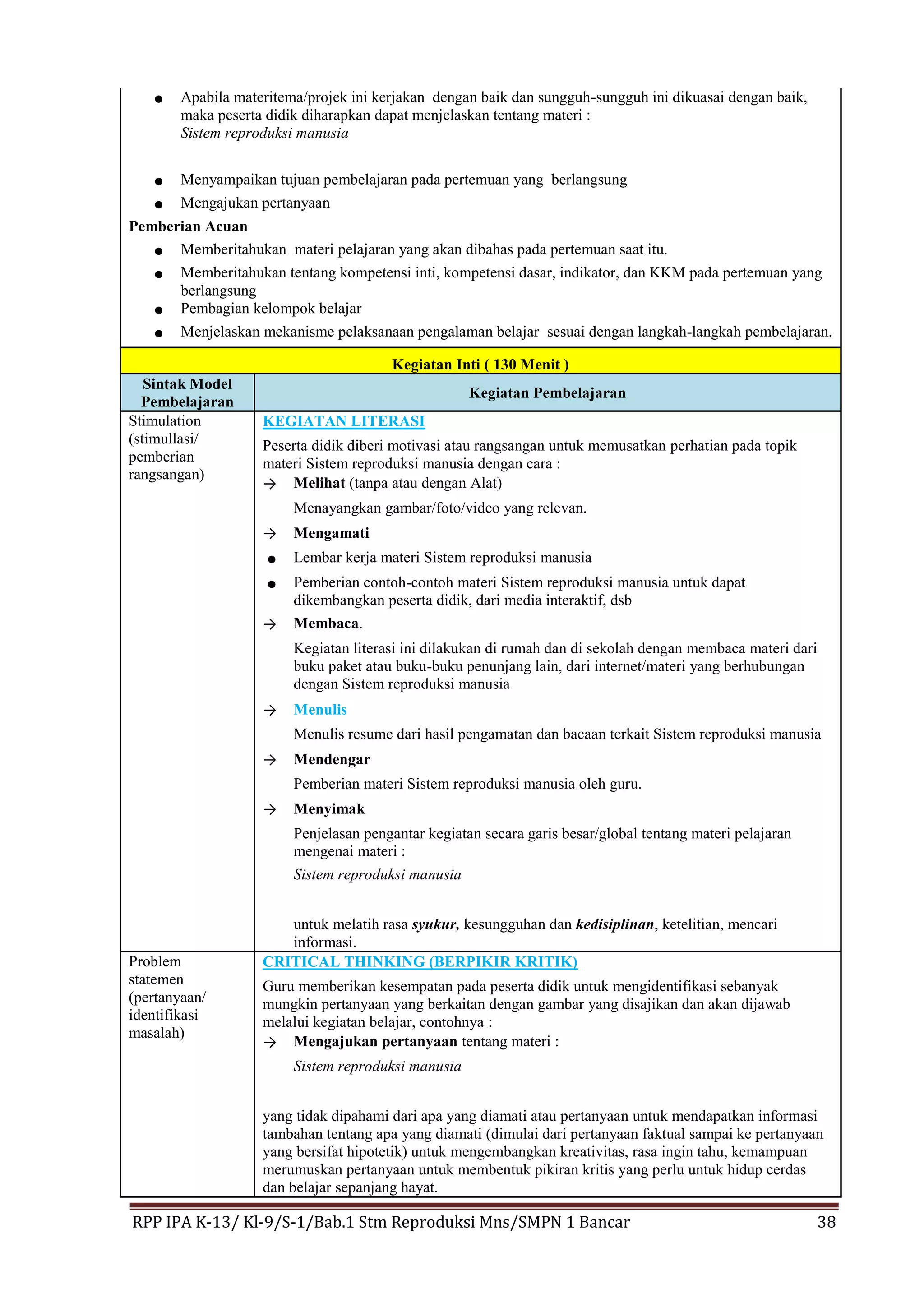 RPP IPA KELAS9 Bab 1.Sistem Reproduksi pada Manusia | PDF