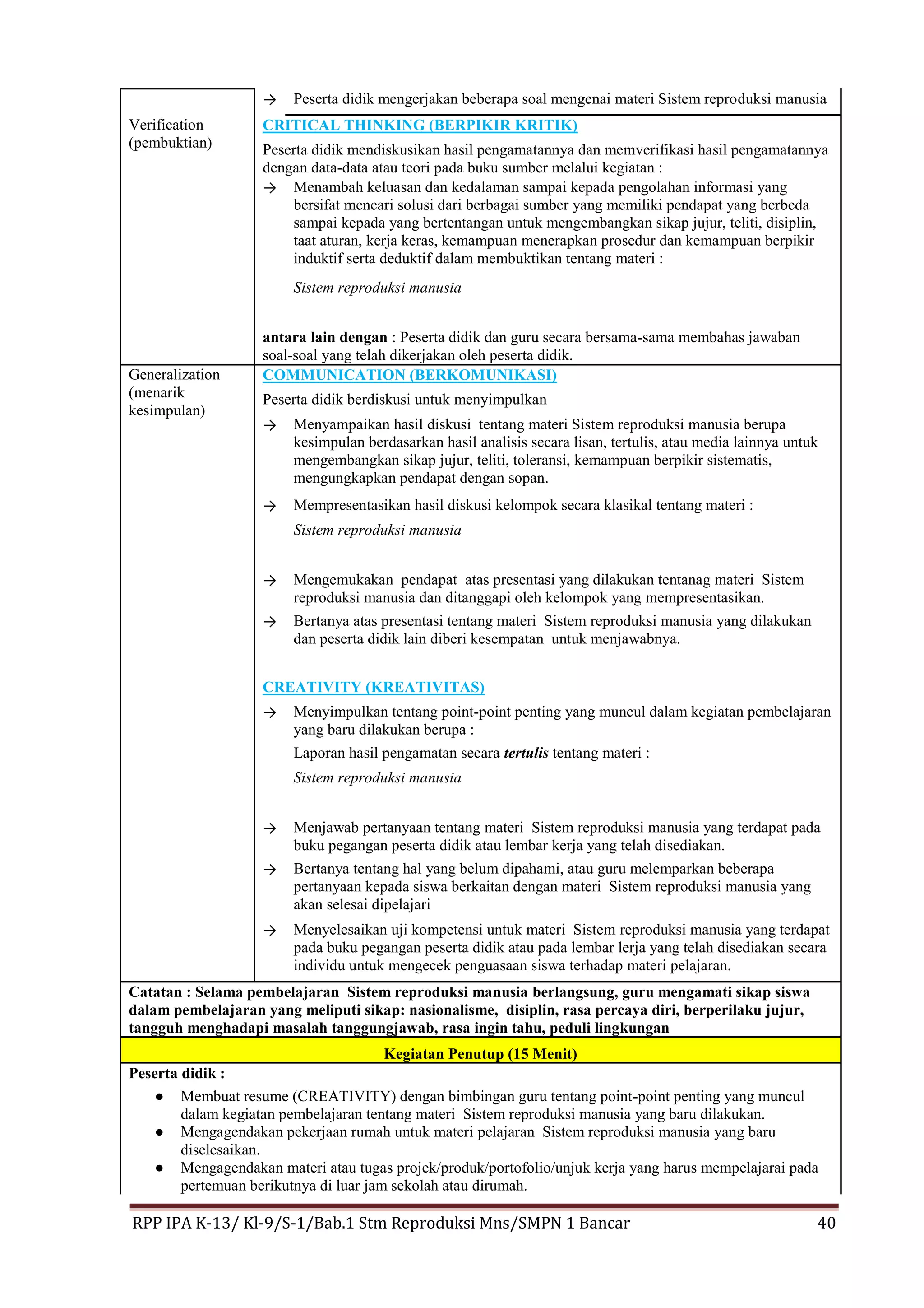 RPP IPA KELAS9 Bab 1.Sistem Reproduksi pada Manusia | PDF
