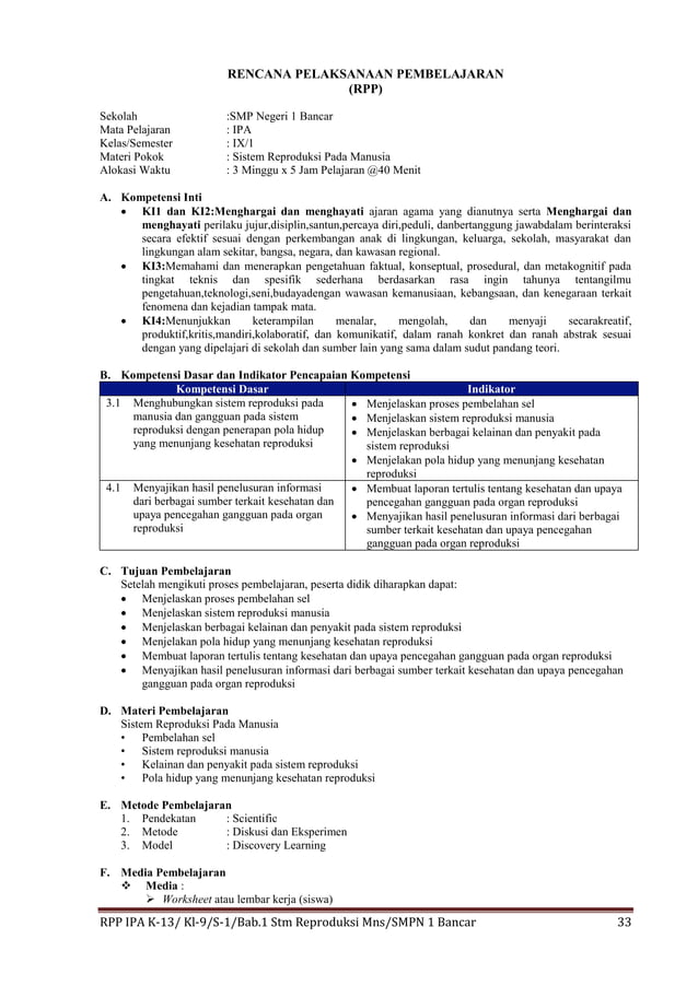 RPP IPA KELAS9 Bab 1.Sistem Reproduksi pada Manusia | PDF