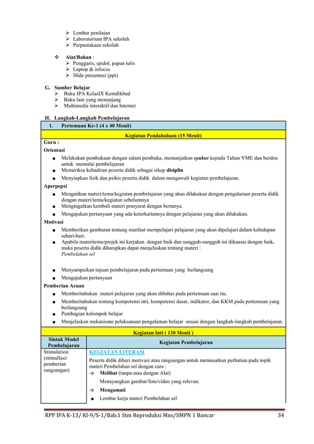 RPP IPA KELAS9 Bab 1.Sistem Reproduksi pada Manusia | PDF