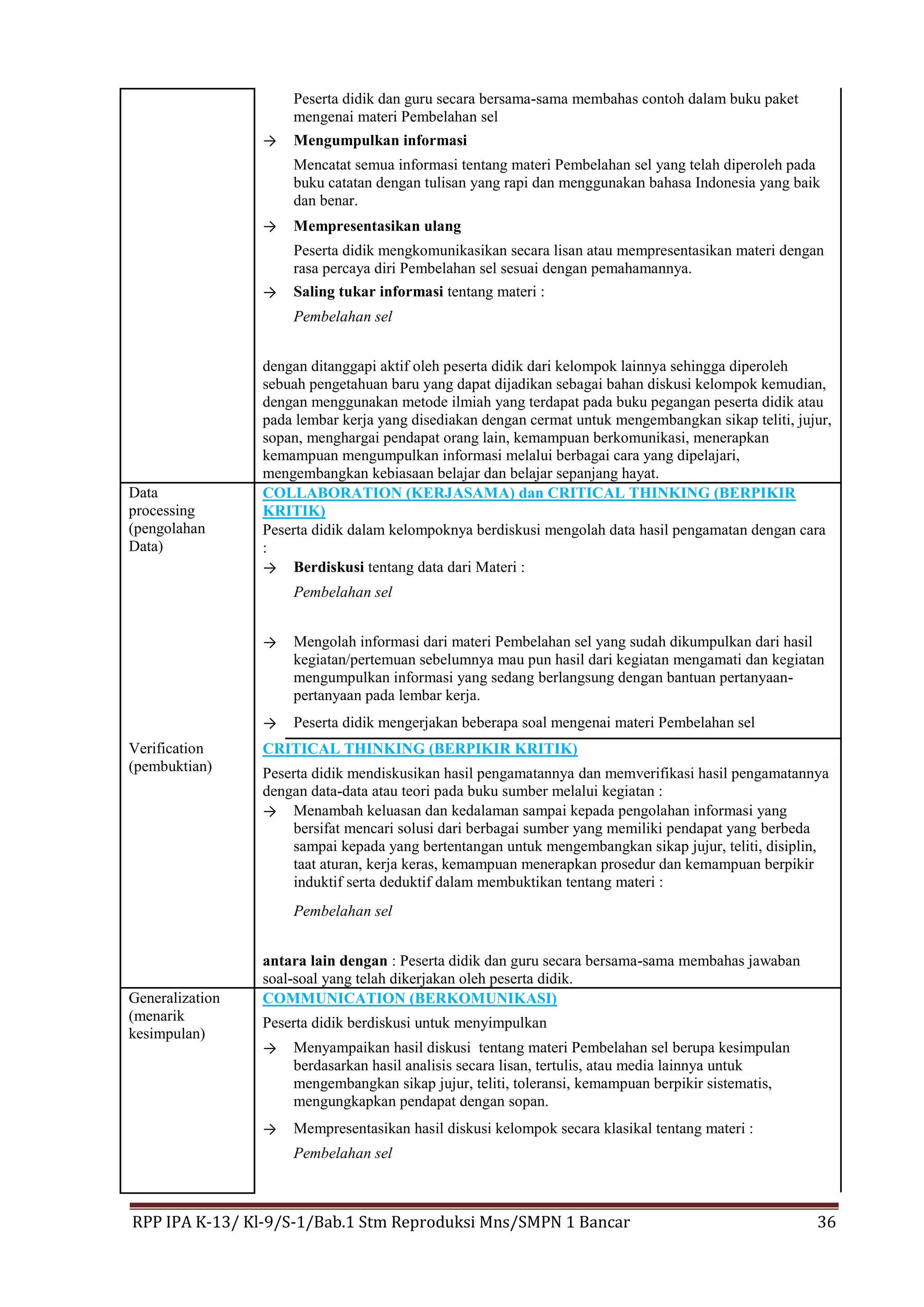 RPP IPA KELAS 9 Bab 1 Sistem Reproduksi pada Manusia | PDF