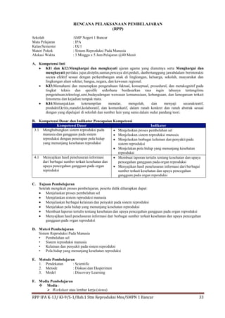 RPP IPA KELAS 9 Bab 1 Sistem Reproduksi pada Manusia | PDF