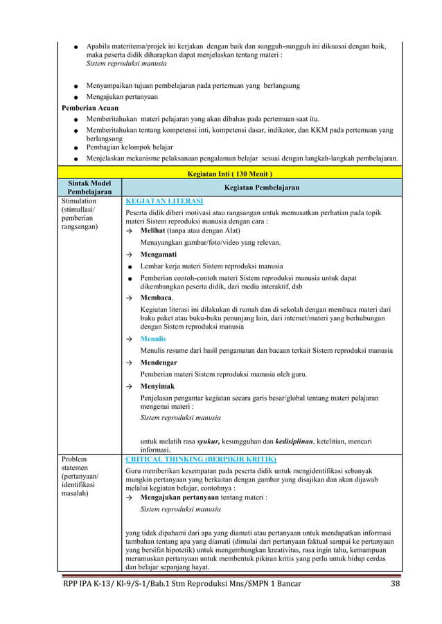 RPP IPA KELAS 9 Bab 1 Sistem Reproduksi pada Manusia | PDF