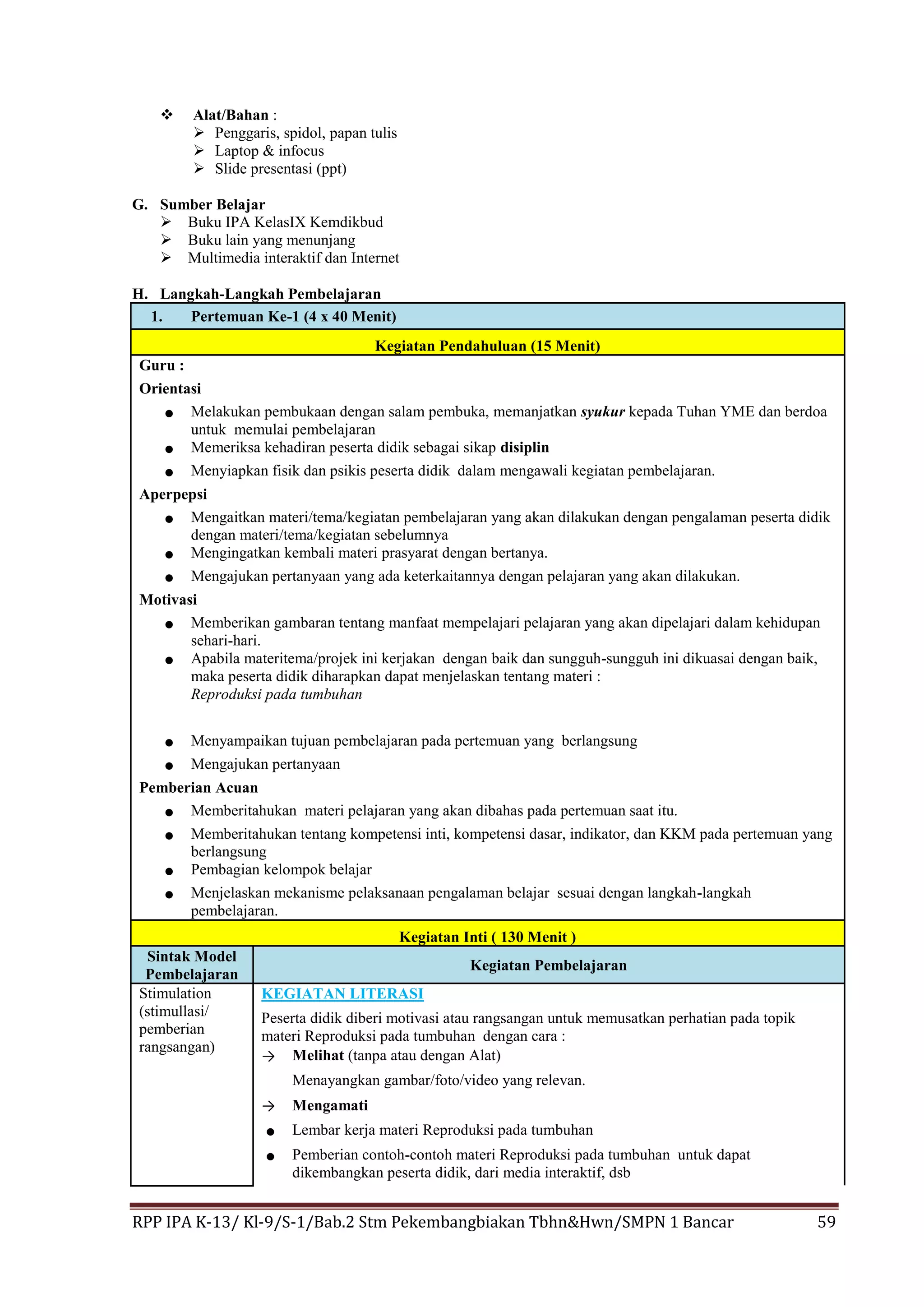 RPP IPA KELAS 9 Bab.2. Sistem Perkembangbiakan Tumbuhan dan Hewan | PDF