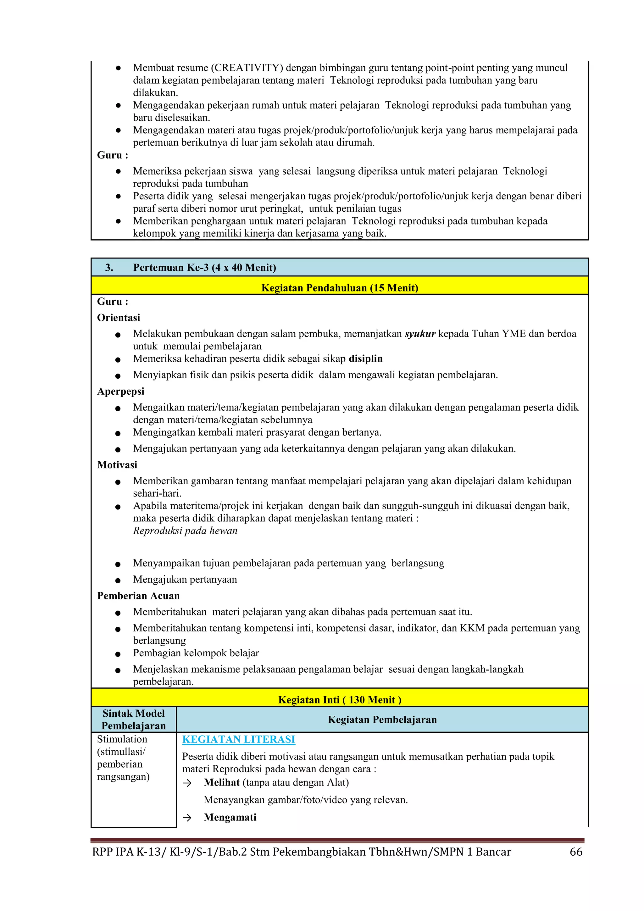 RPP IPA KELAS 9 Bab.2. Sistem Perkembangbiakan Tumbuhan dan Hewan | PDF