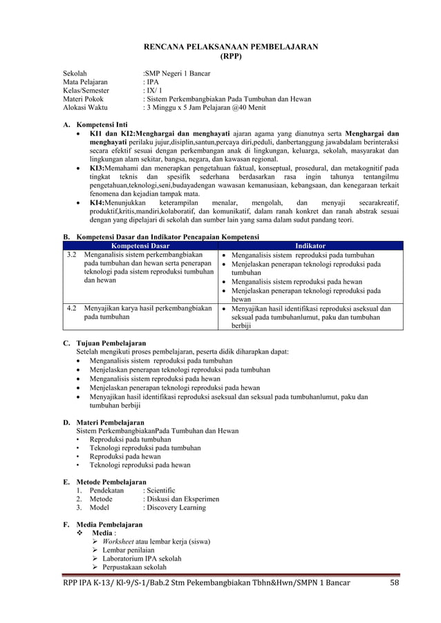 RPP IPA KELAS 9 Bab.2. Sistem Perkembangbiakan Tumbuhan dan Hewan | PDF