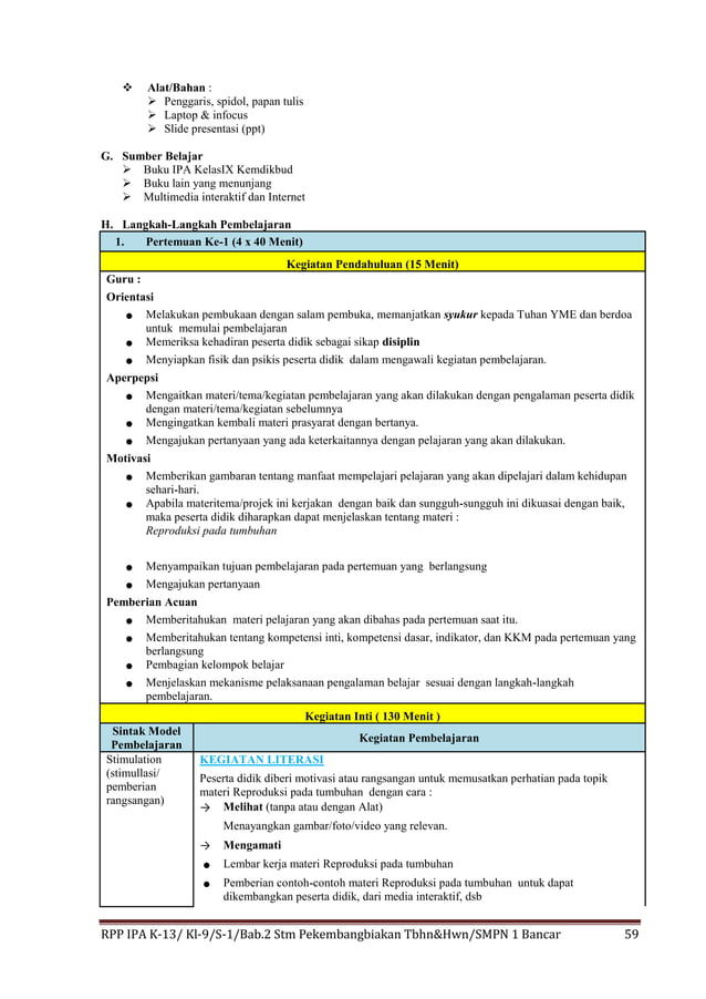 RPP IPA KELAS 9 Bab.2. Sistem Perkembangbiakan Tumbuhan dan Hewan | PDF