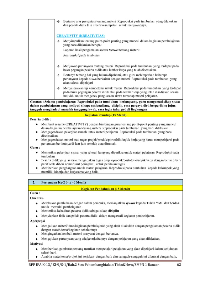 RPP IPA KELAS 9 Bab.2. Sistem Perkembangbiakan Tumbuhan dan Hewan | PDF