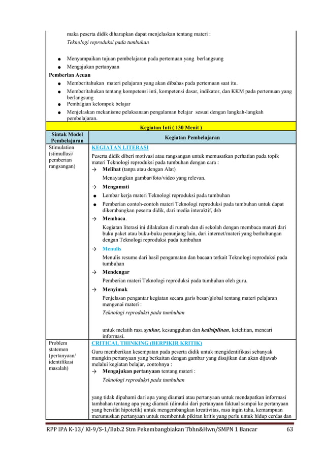 RPP IPA KELAS 9 Bab.2. Sistem Perkembangbiakan Tumbuhan dan Hewan | PDF