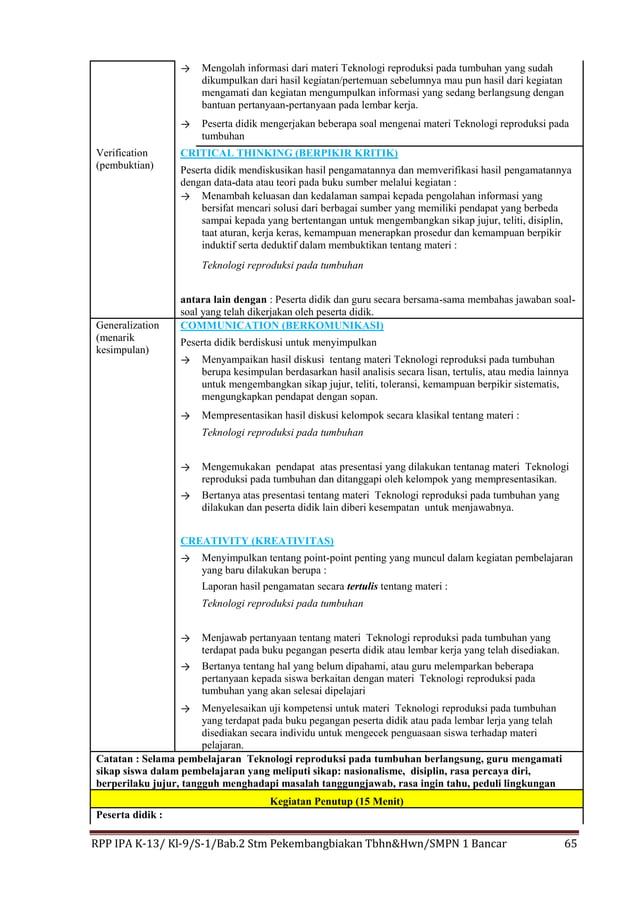 RPP IPA KELAS 9 Bab.2. Sistem Perkembangbiakan Tumbuhan dan Hewan | PDF