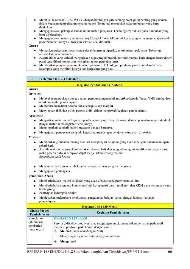 RPP IPA KELAS 9 Bab.2. Sistem Perkembangbiakan Tumbuhan dan Hewan | PDF