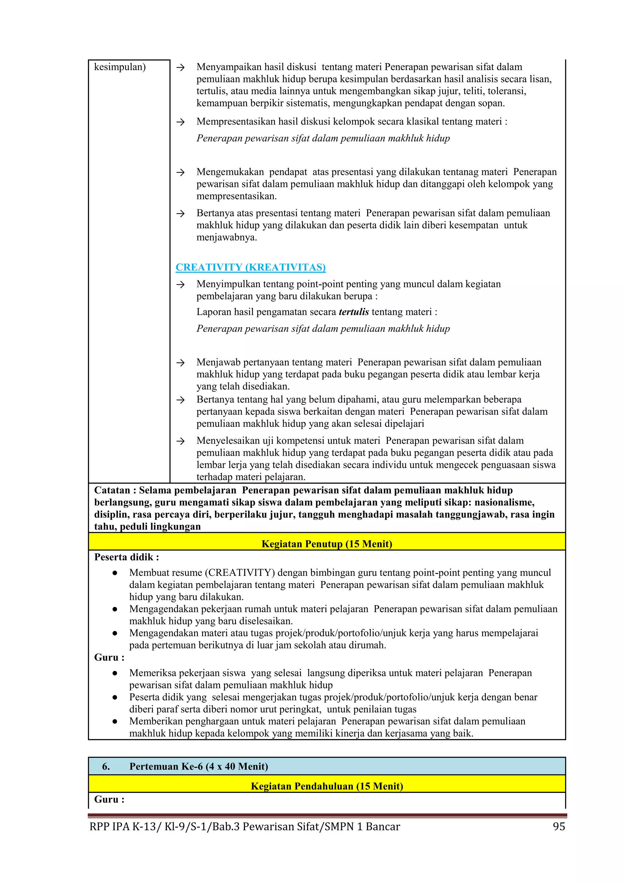 RPP IPA KELAS 9 SMP Bab 3.Pewarisan Sifat | PDF